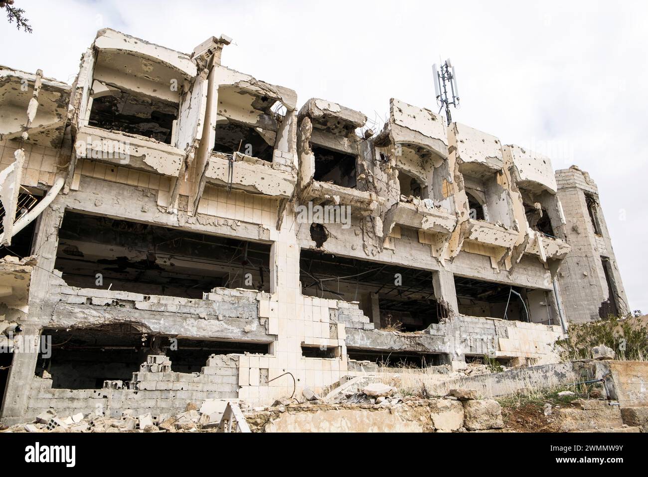 Syria, Ma'lula; Maaloula, Ruins of Safir Hotel bombed out in civil war ...