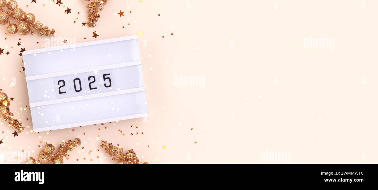 Banner with 2025 numbers, lightbox, golden stars confetti and ...