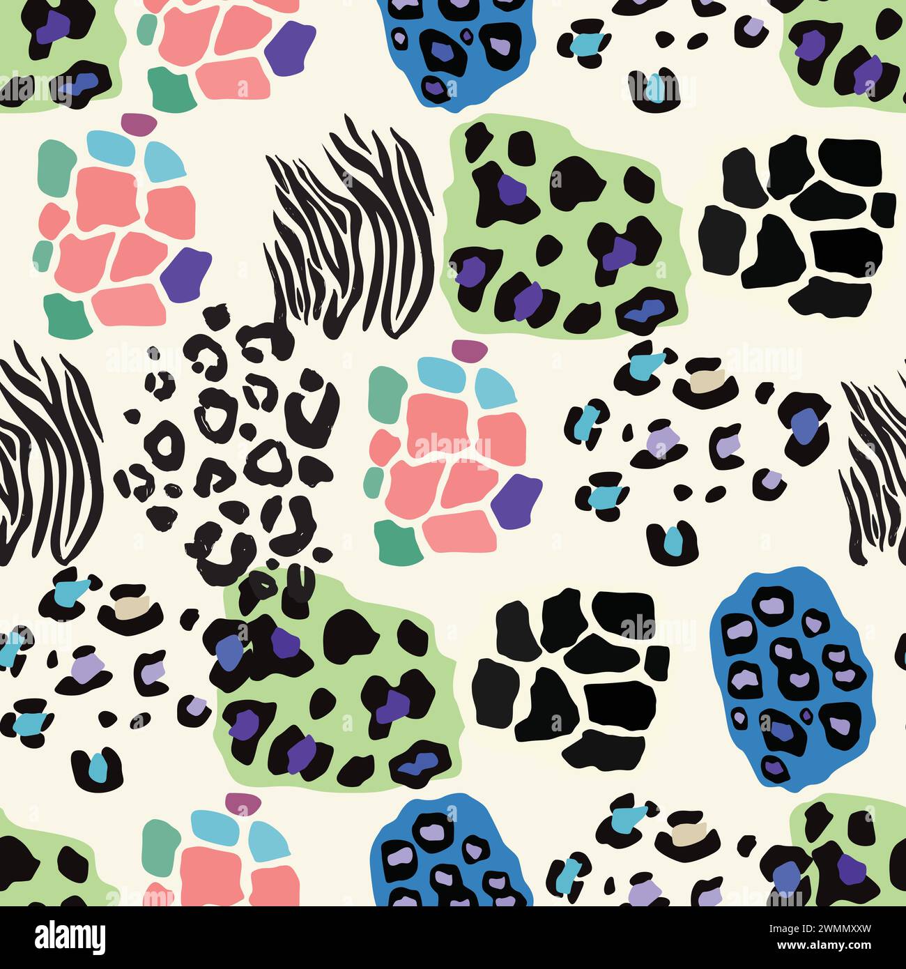 Textile art featuring colorful leopard print on a zebra background ...