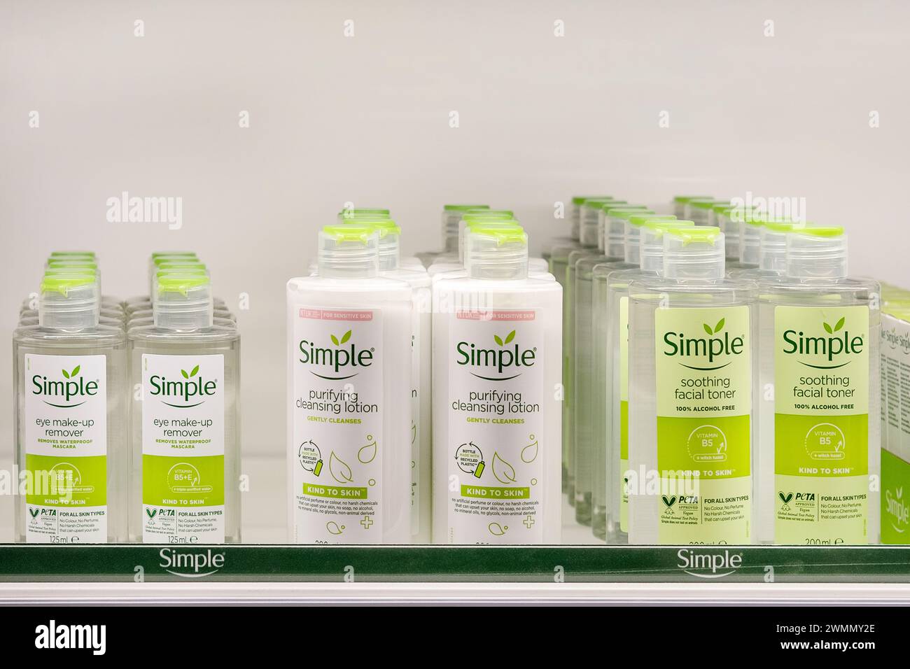 Shelf with the popular skincare brand Simple, known for its gentle and ...