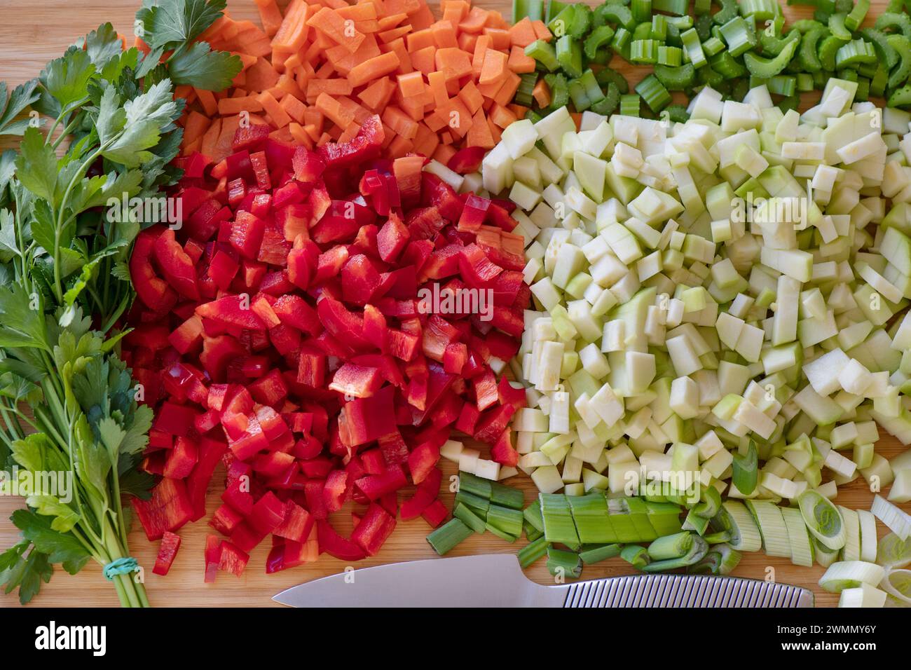 Selection of raw ingredients cleaned and chopped and ready for the ...