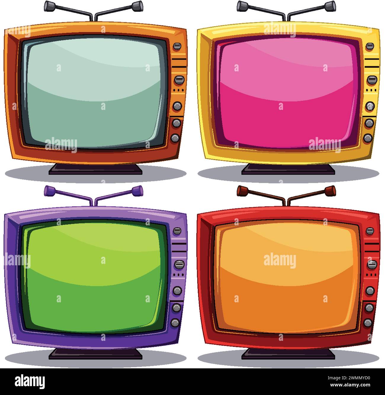 Four vibrant vintage TVs with different colored screens Stock Vector ...