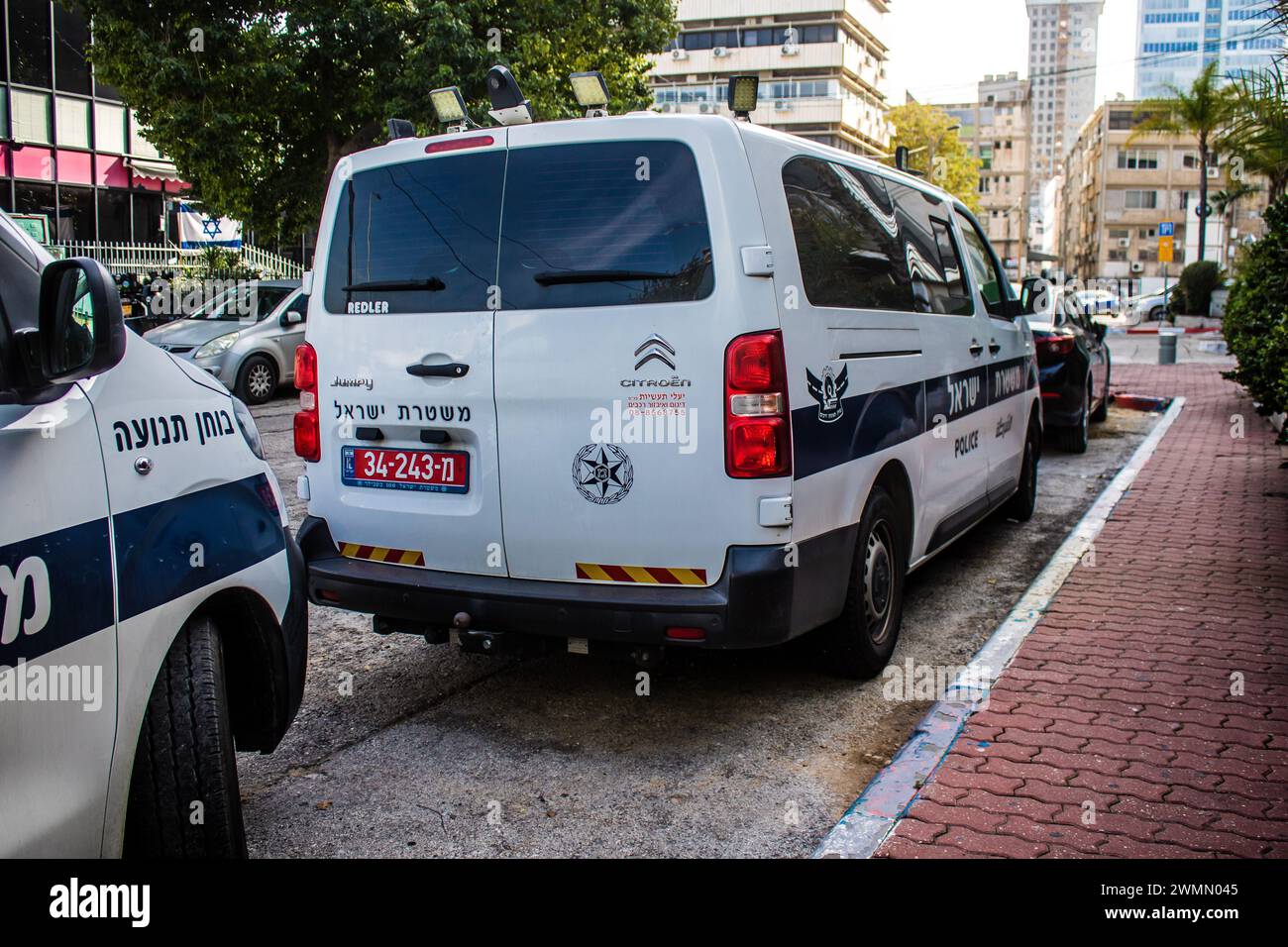 Tel Aviv, Israel, February 26, 2024 Israel police car driving in the ...