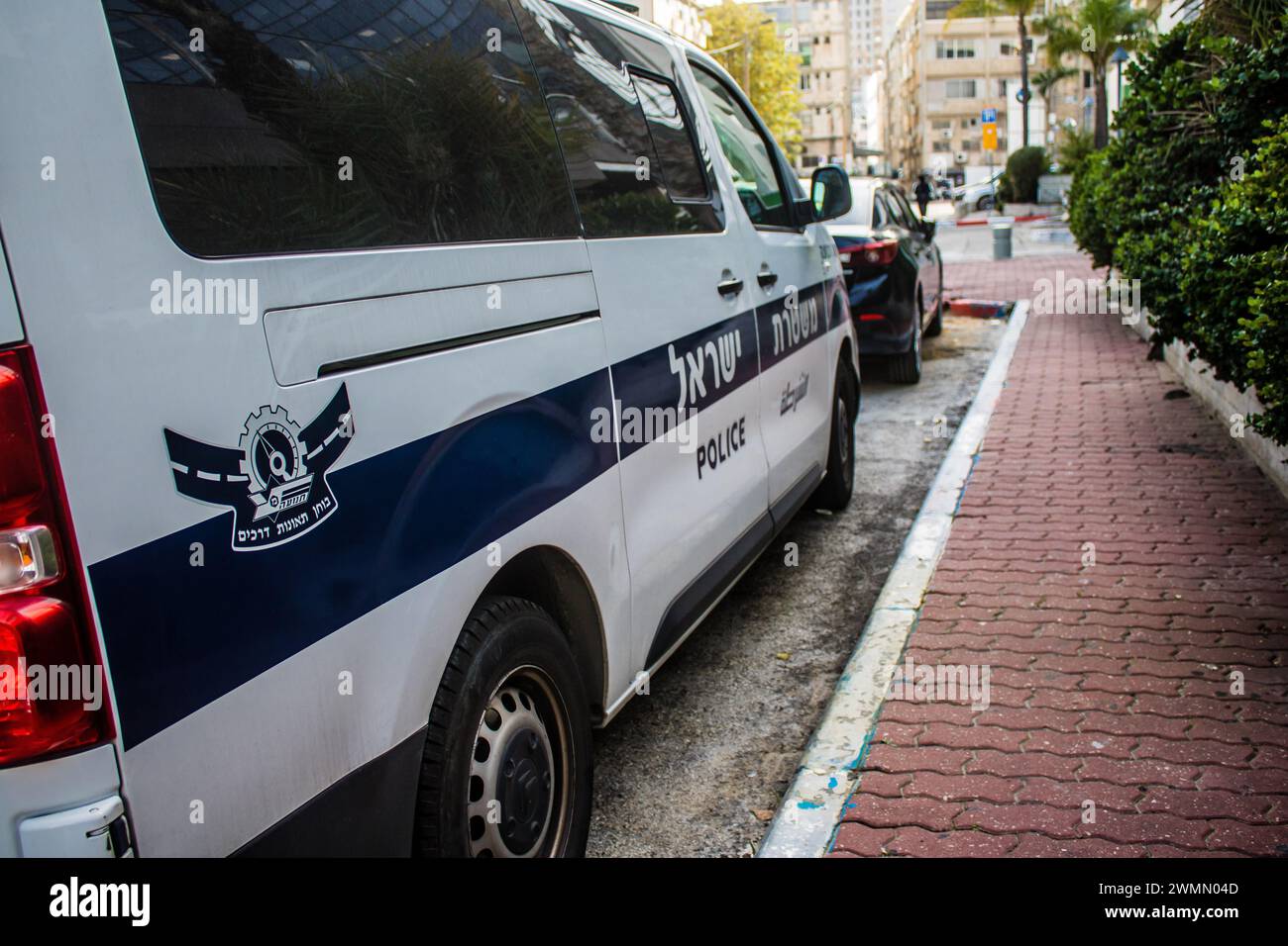 Tel Aviv, Israel, February 26, 2024 Israel police car driving in the ...