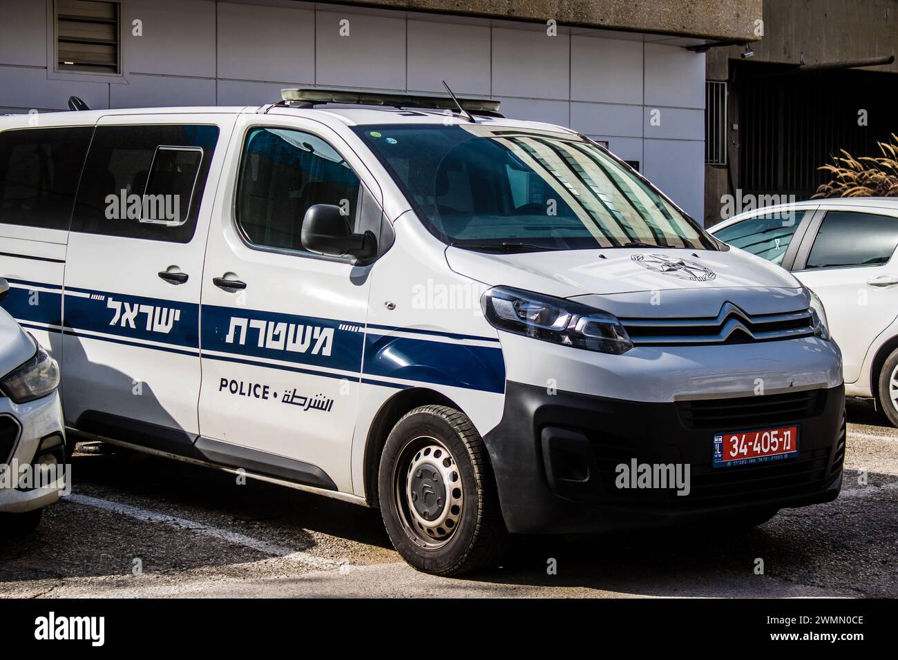 Tel Aviv, Israel, February 26, 2024 Israel police car driving in the ...