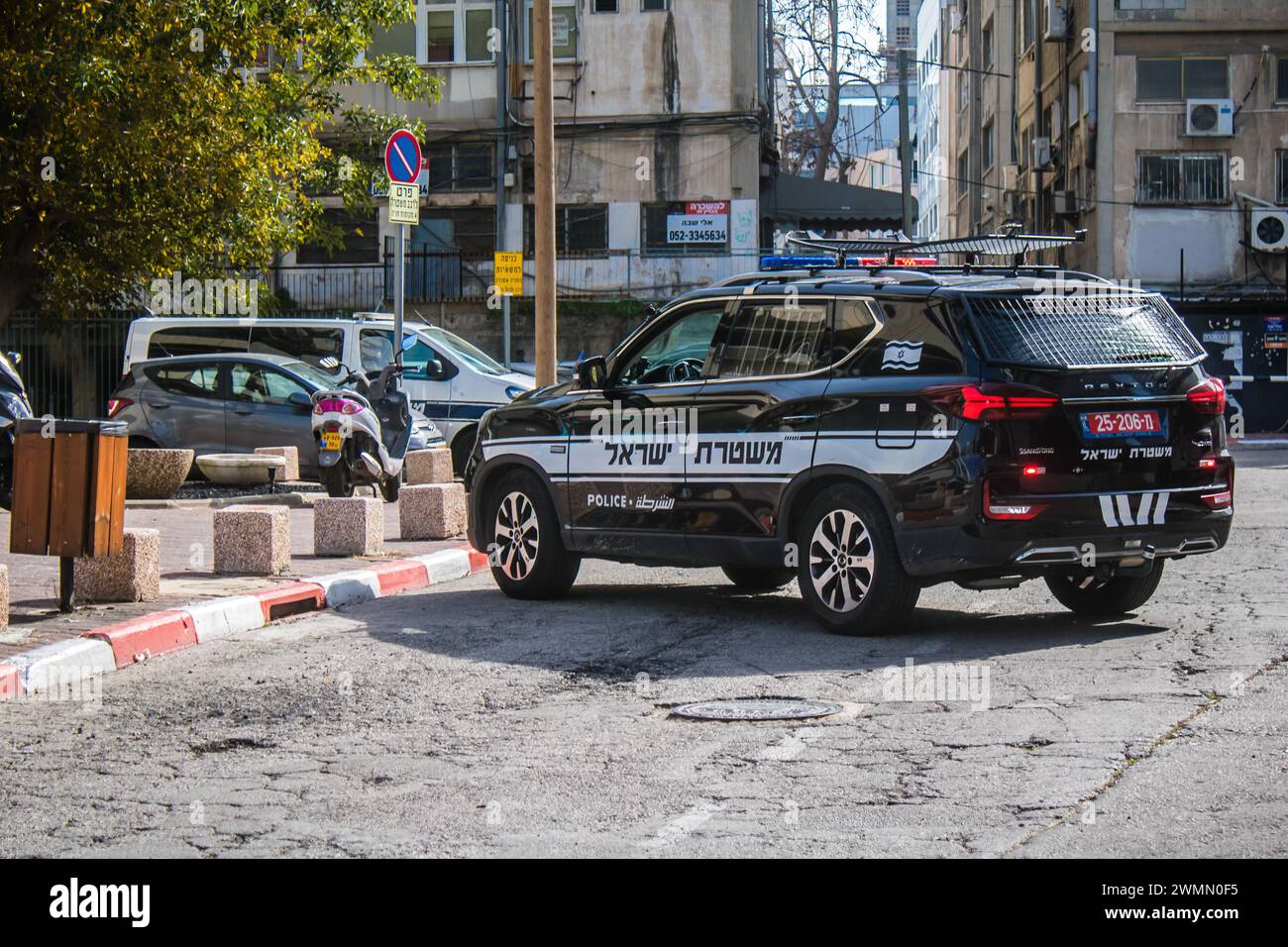 Tel Aviv, Israel, February 26, 2024 Israel police car driving in the ...