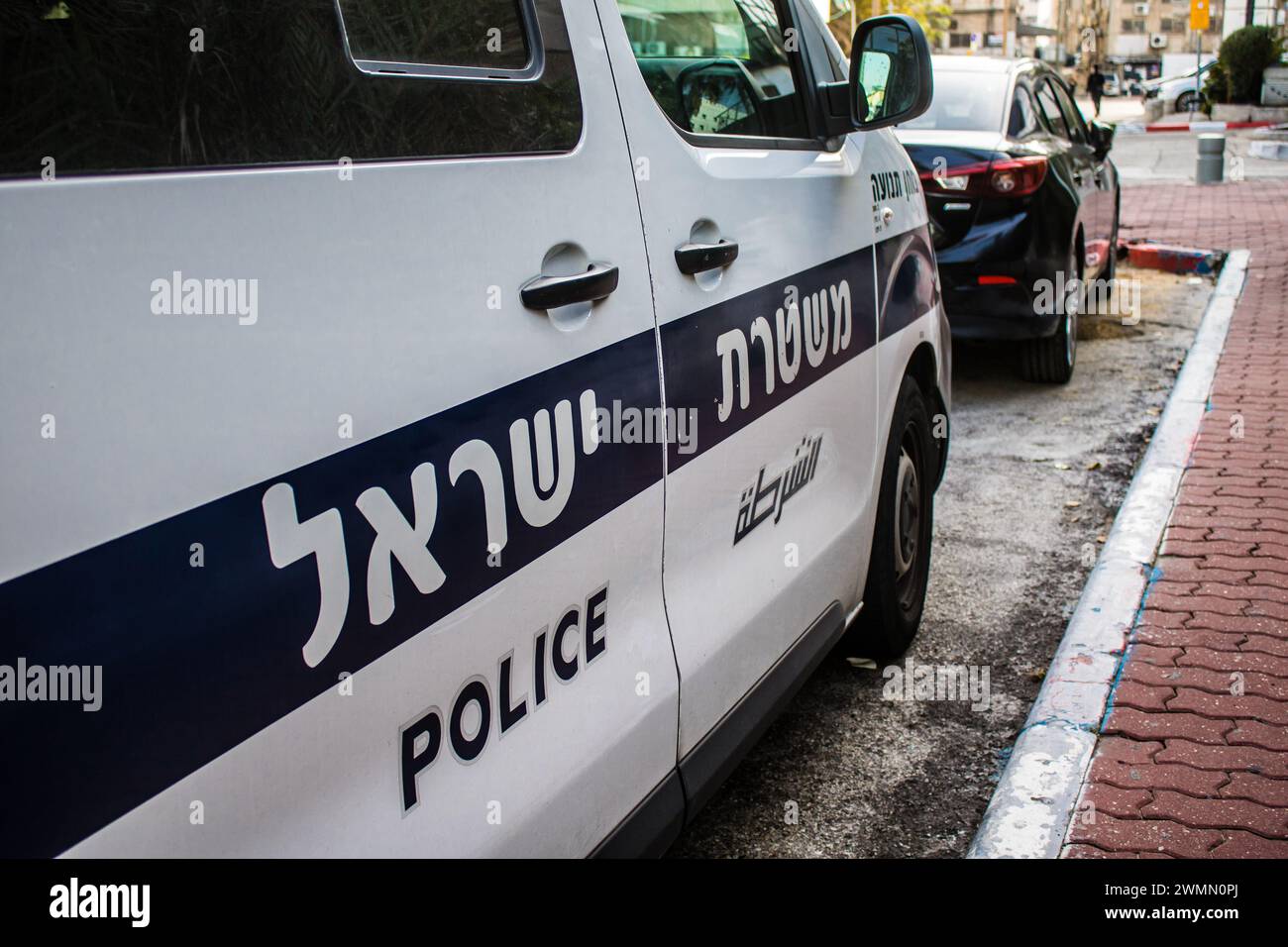 Tel Aviv, Israel, February 26, 2024 Israel police car driving in the ...