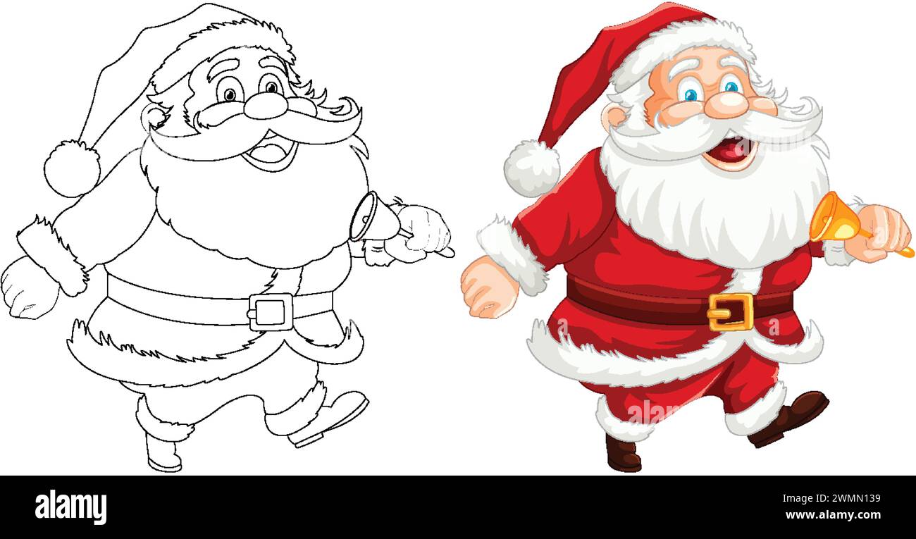 Black and white and colored Santa illustrations side by side Stock ...