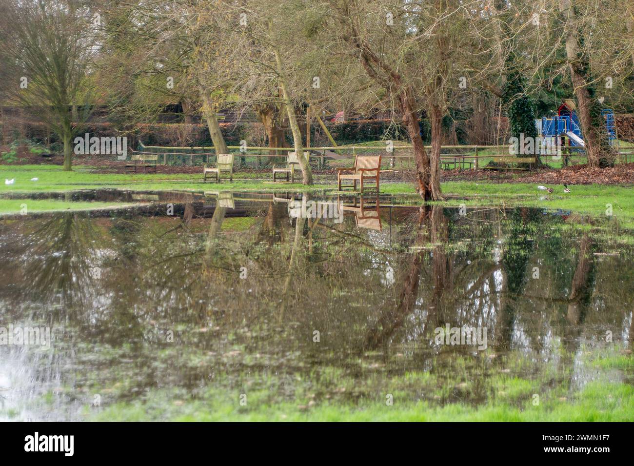 Wraysbury, UK. 27th February, 2024. The cricket pitch and the village ...