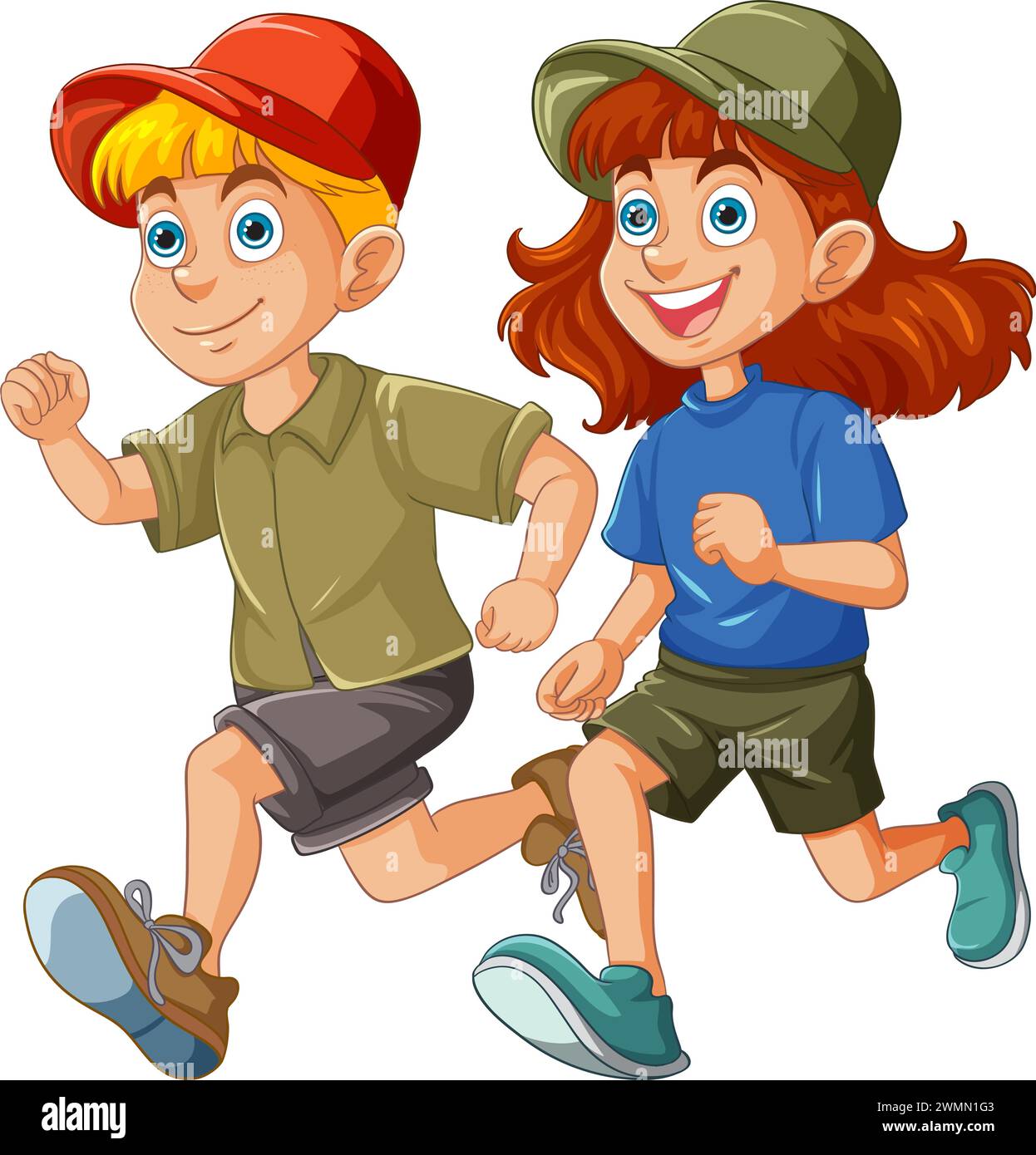 Two cartoon kids joyfully running side by side Stock Vector Image & Art ...