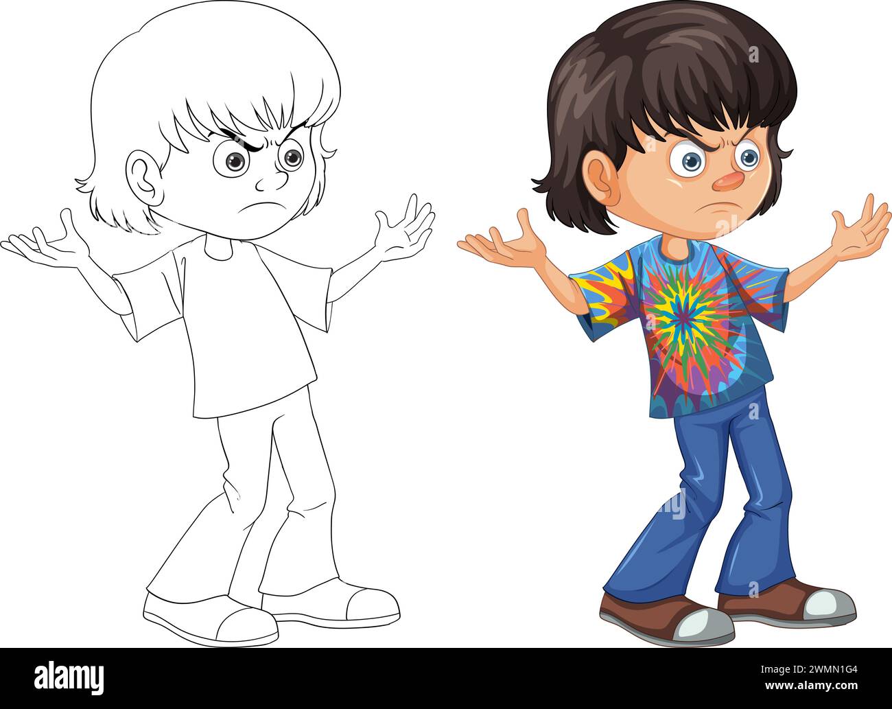 Cartoon boy with a puzzled expression in color and outline Stock Vector ...