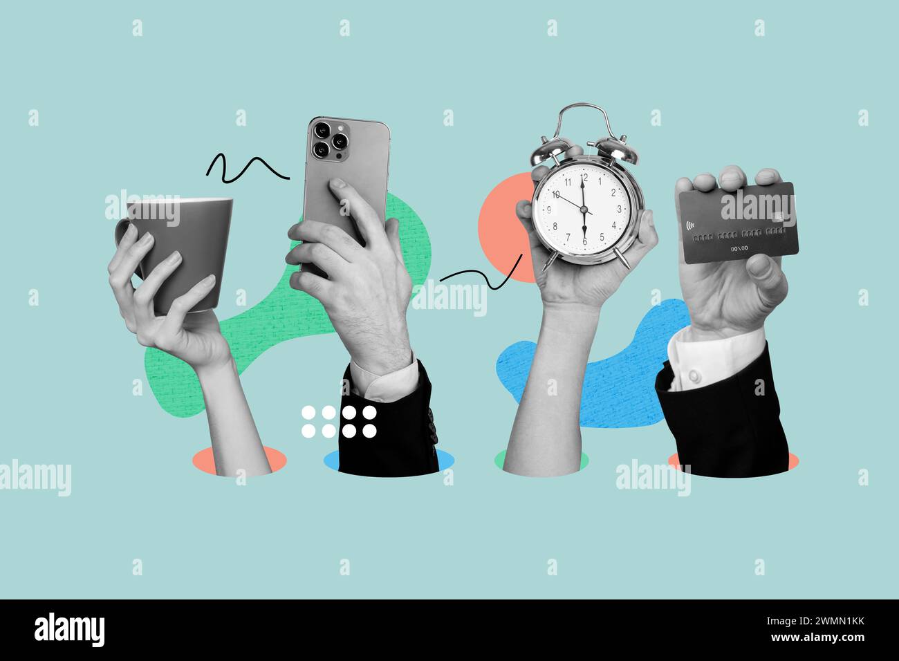 Creative collage human hands showing credit card cashless payment clock ...