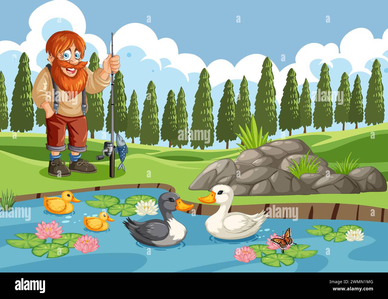 Happy fisherman with ducks in a serene pond setting Stock Vector Image ...