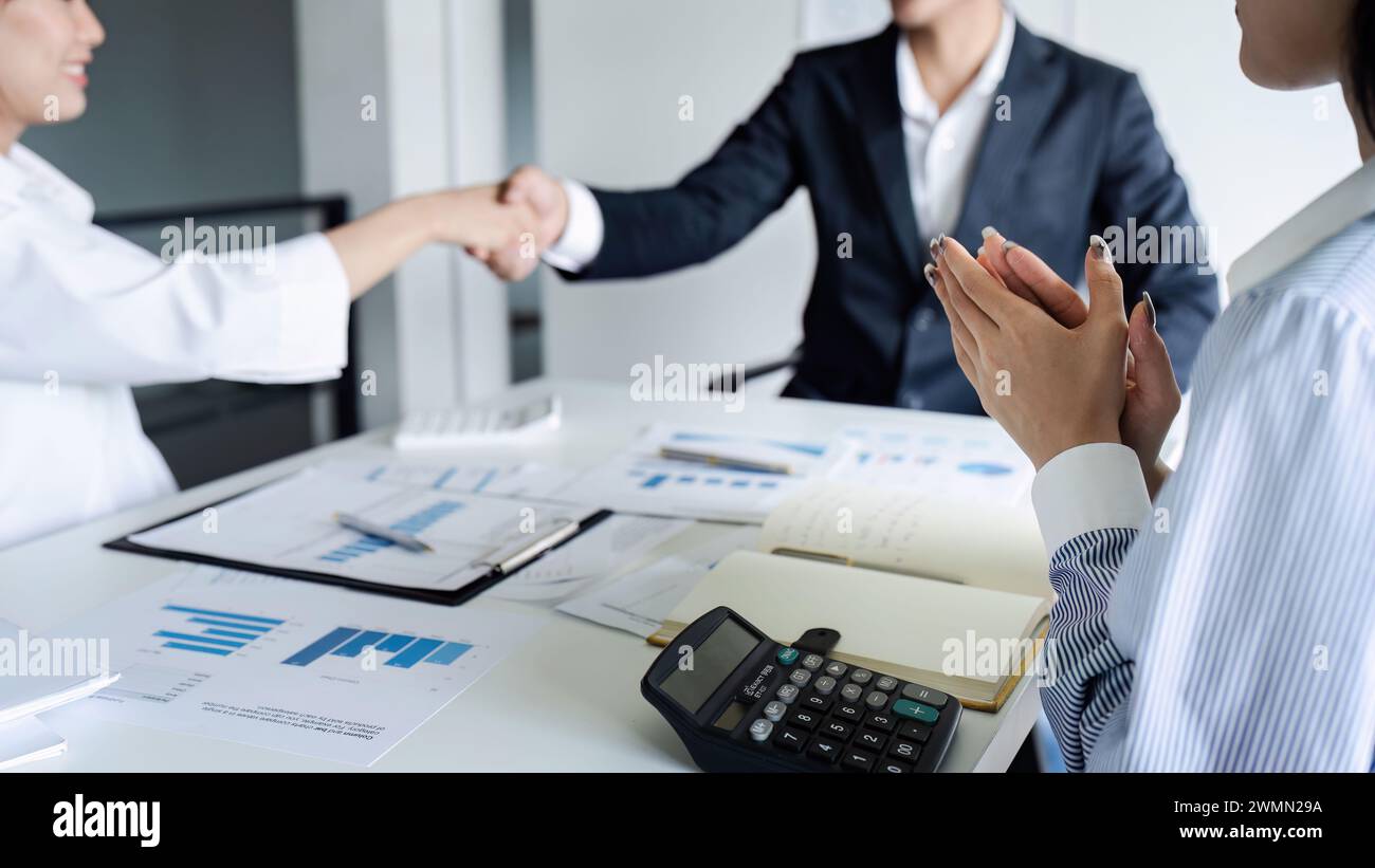 Handshake business people and diversity partnership, collaboration, thank you and meeting ...