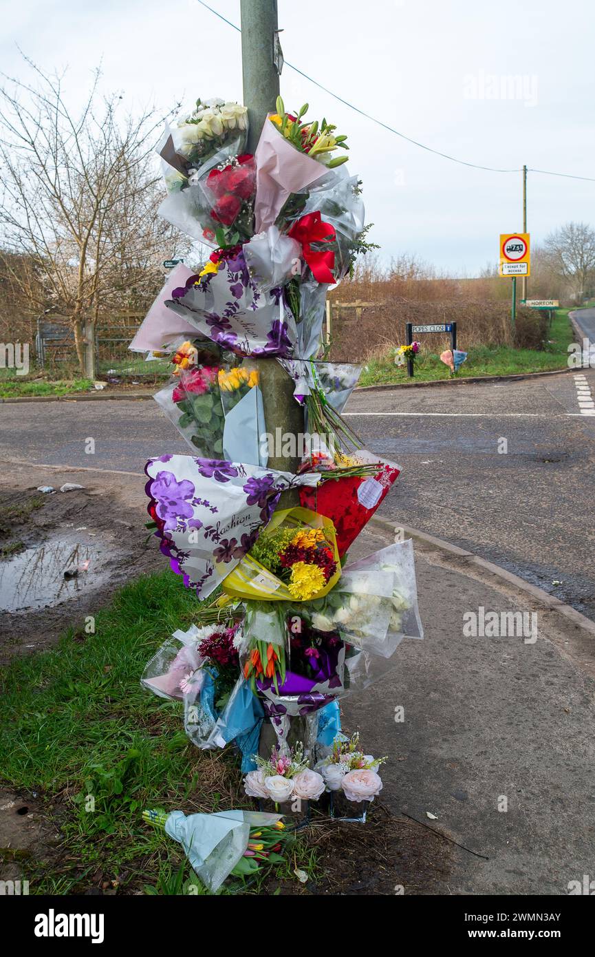 Colnbrook, Slough, Berkshire, UK. 27th February, 2024. Floral tributes ...