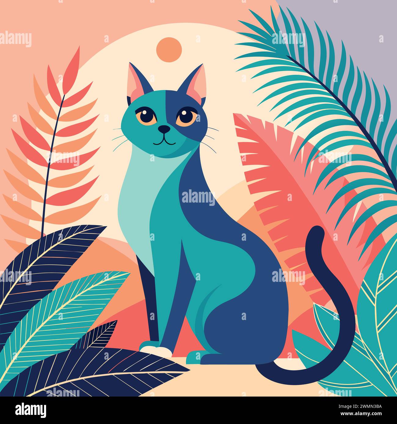 a digital art print, minimalistic, pastel palette representing a cat ...