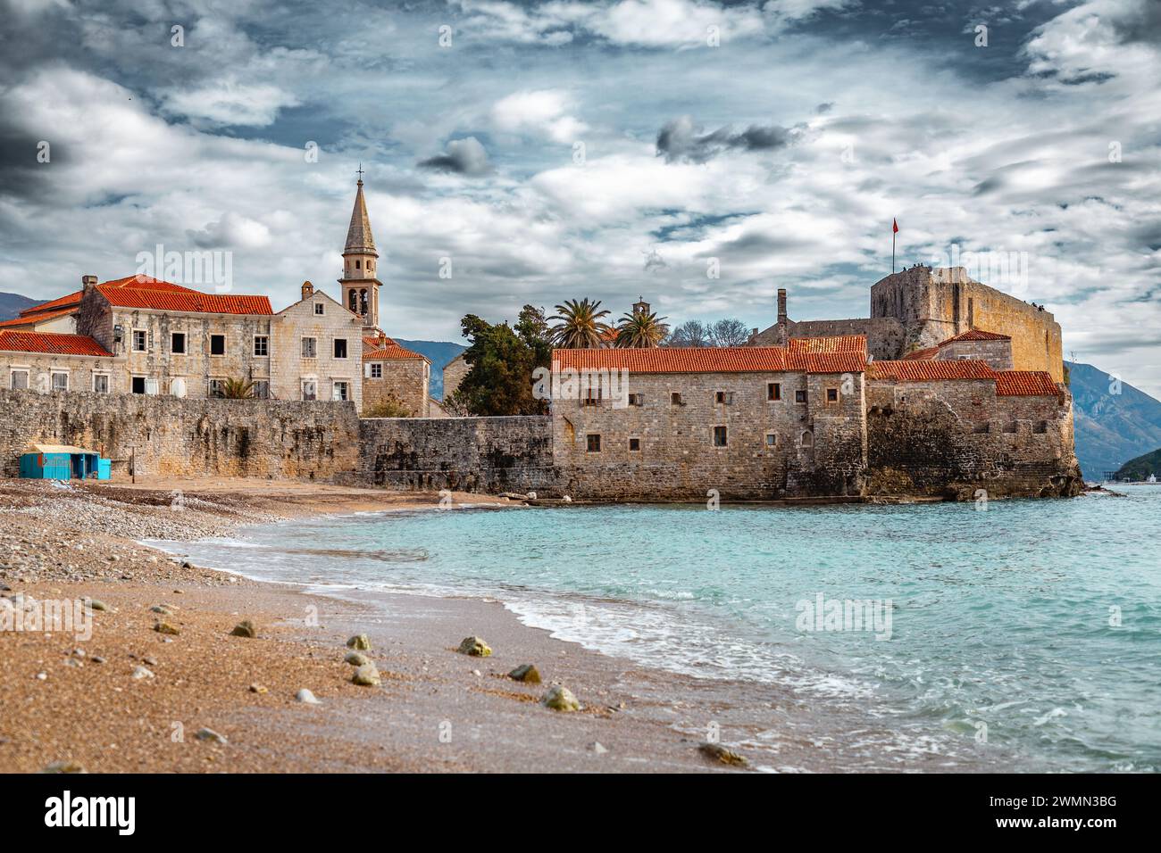 Budva, Montenegro - 13 FEB 2024: The old city walls of Budva along the ...