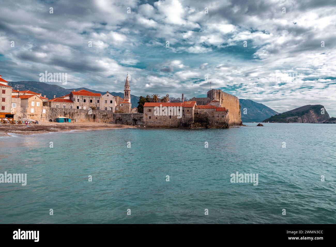 Budva, Montenegro - 13 FEB 2024: The old city walls of Budva along the ...