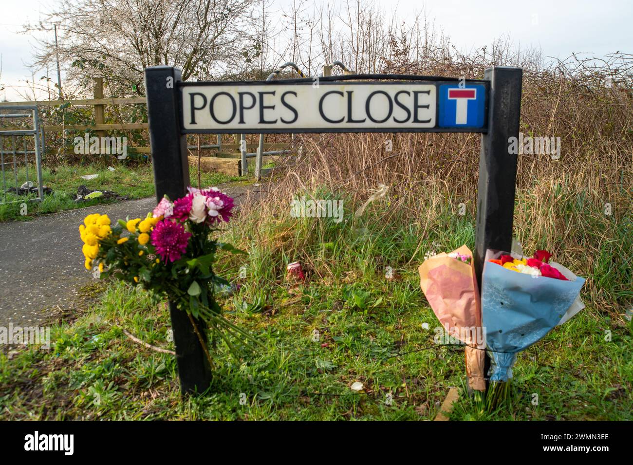 Colnbrook, Slough, Berkshire, UK. 27th February, 2024. Floral tributes ...