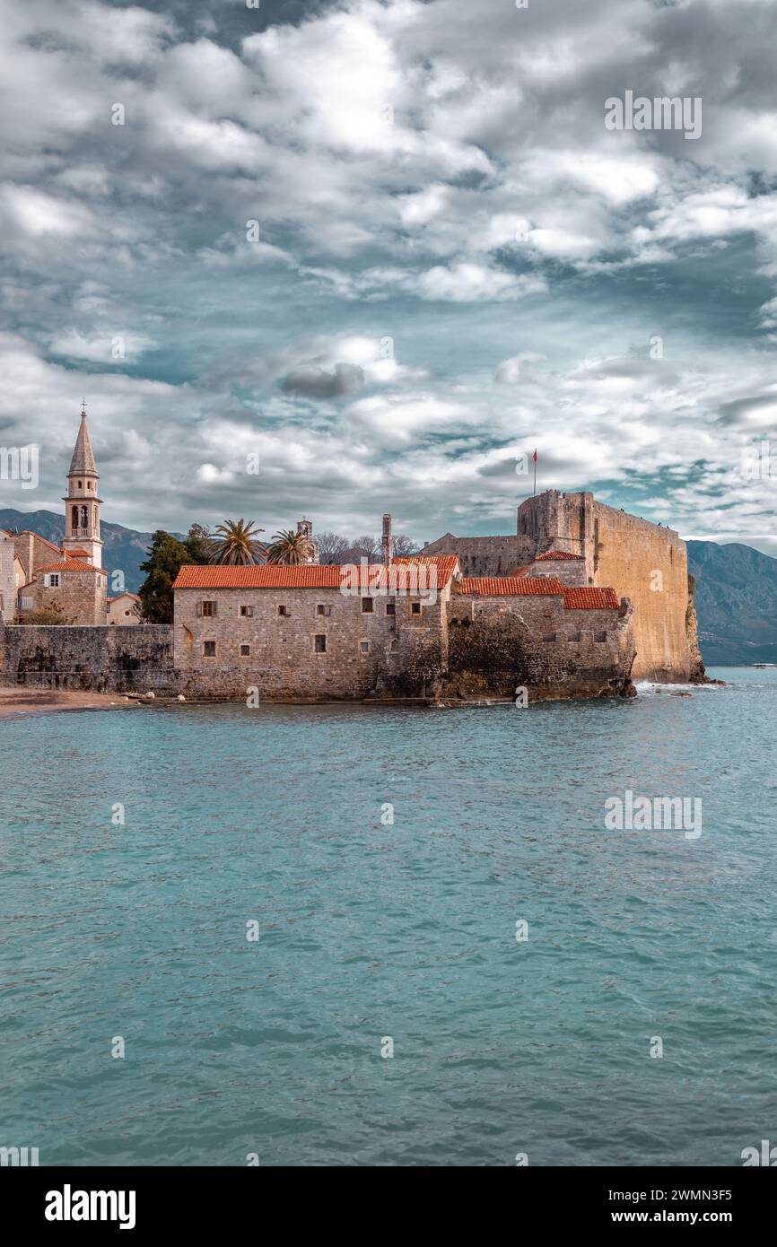 Budva, Montenegro - 13 FEB 2024: The old city walls of Budva along the ...