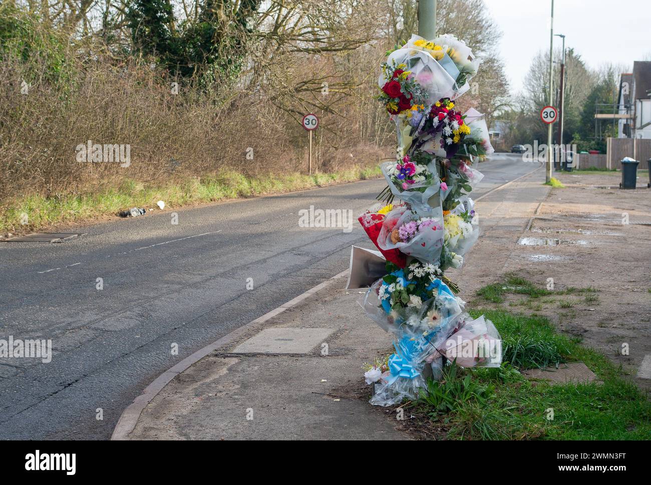 Colnbrook, Slough, Berkshire, UK. 27th February, 2024. Floral tributes ...
