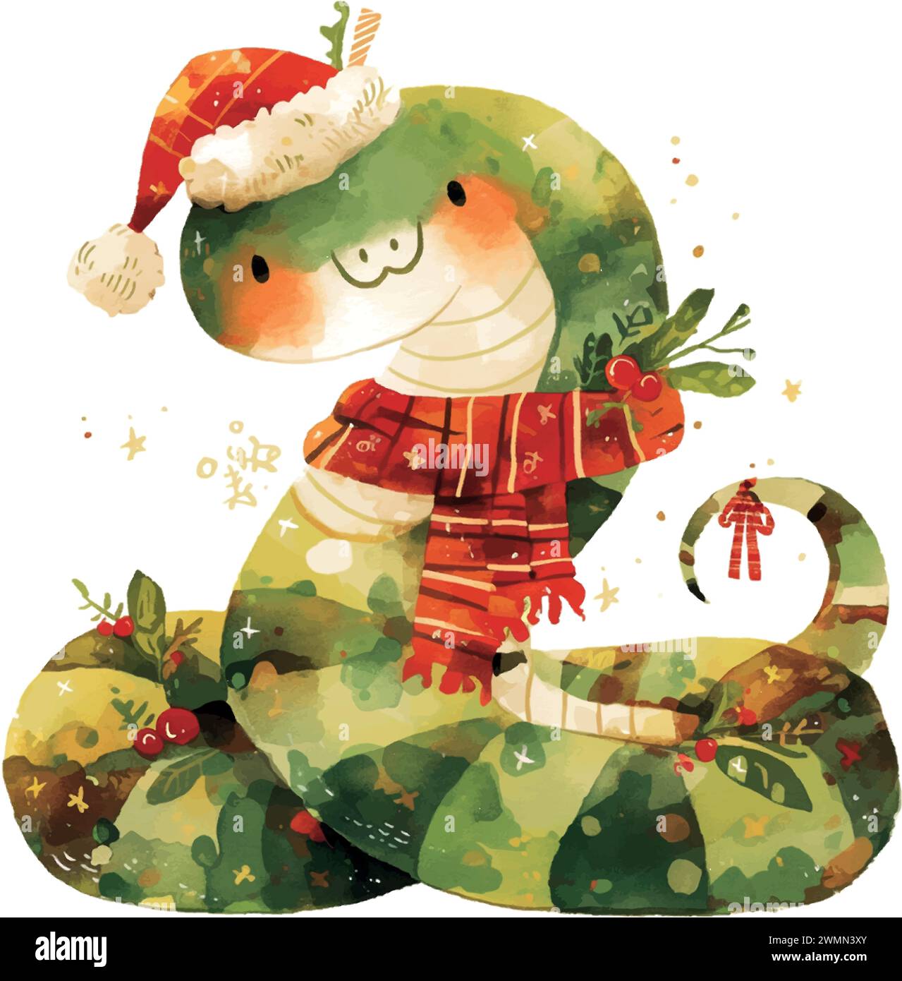 cute green snake In Santa's hat with snowflakes illustration on white ...