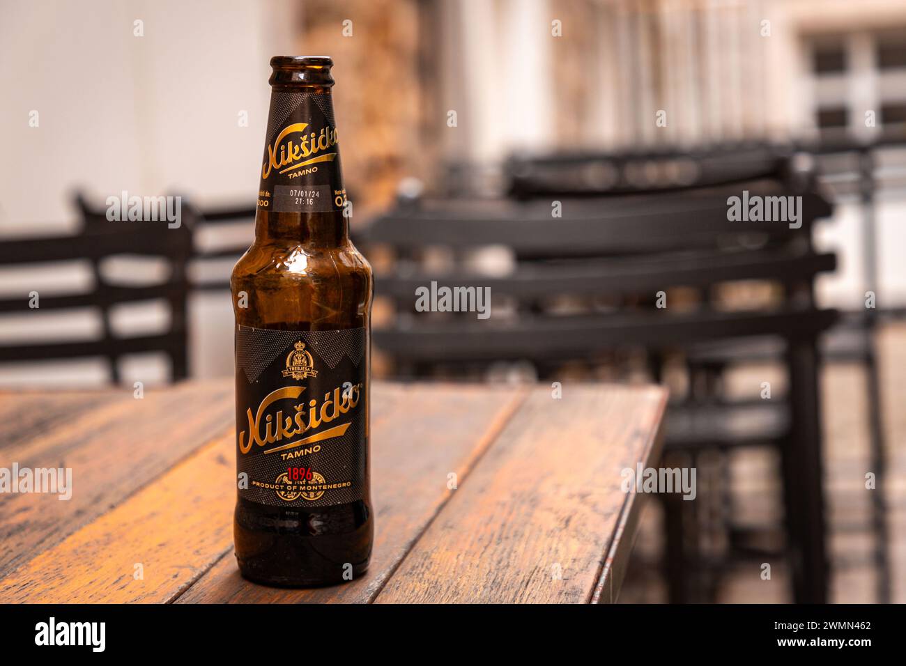 Budva, Montenegro - 13 FEB 2024: Glass bottle of Niksicko beer, a local ...