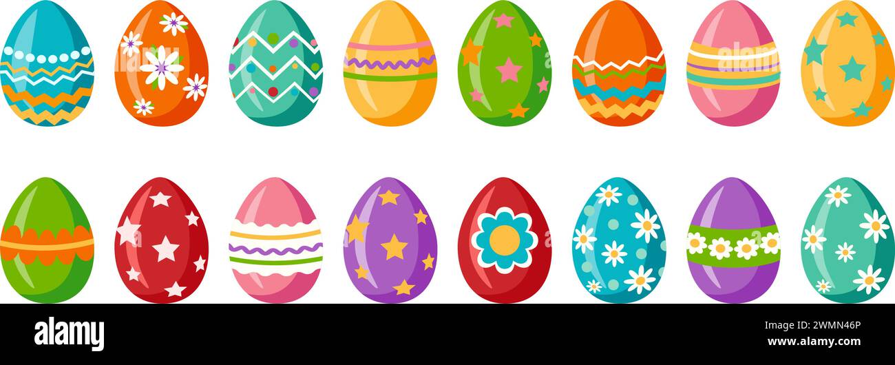 Bright decorated Easter eggs. A collection of eggs of different colors ...