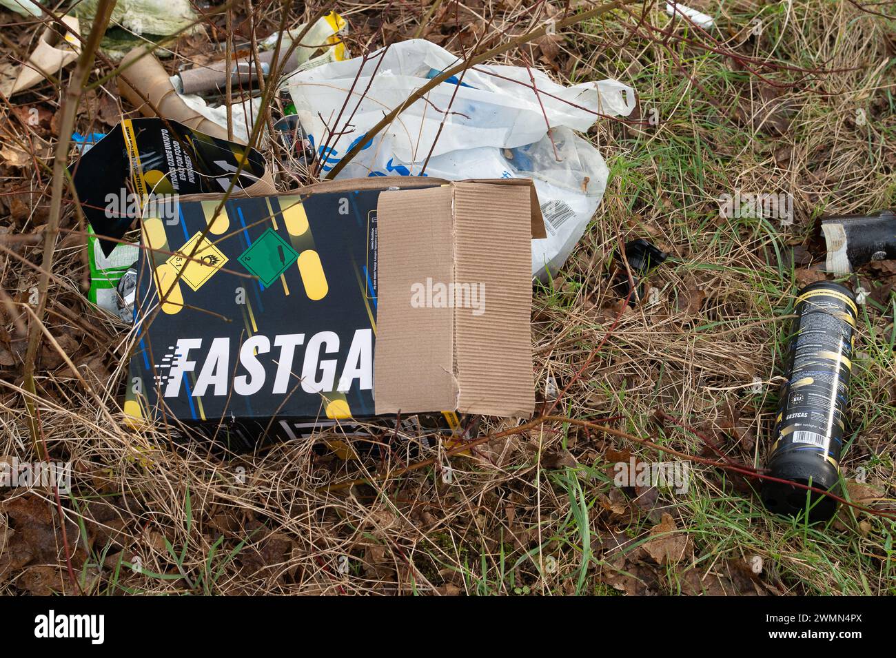 Colnbrook, UK. 27th February, 2024. Used cans of FastGas and Miami ...