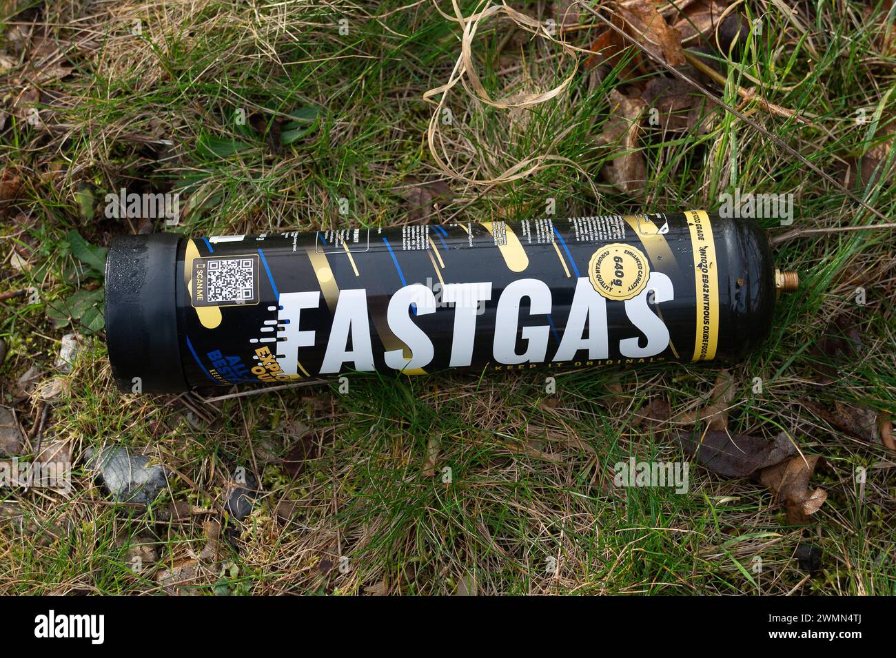 Colnbrook, UK. 27th February, 2024. Used cans of FastGas and Miami ...