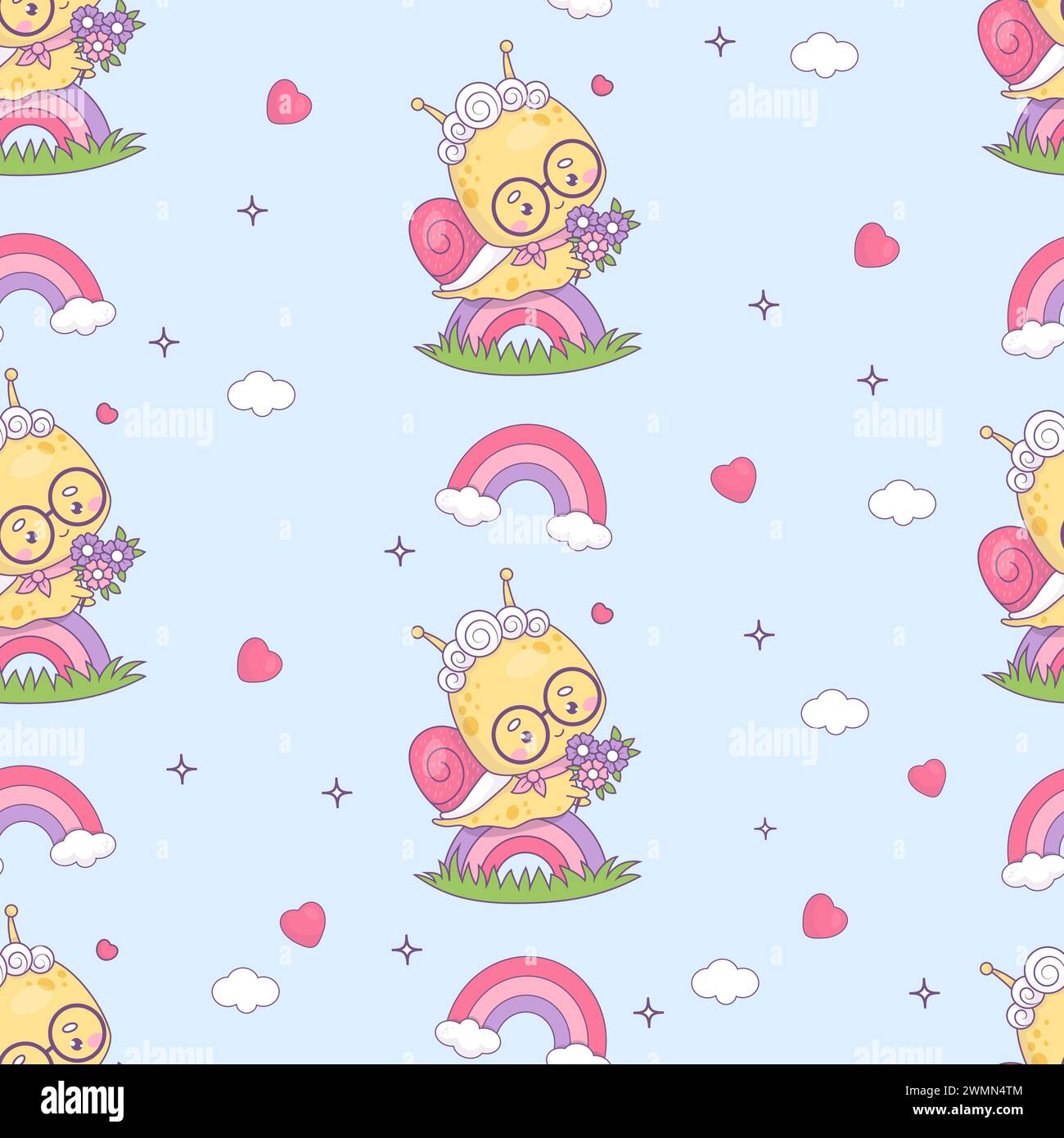 Seamless romantic pattern with cute elderly snail Grandmother on rainbow. Funny elderly woman ...