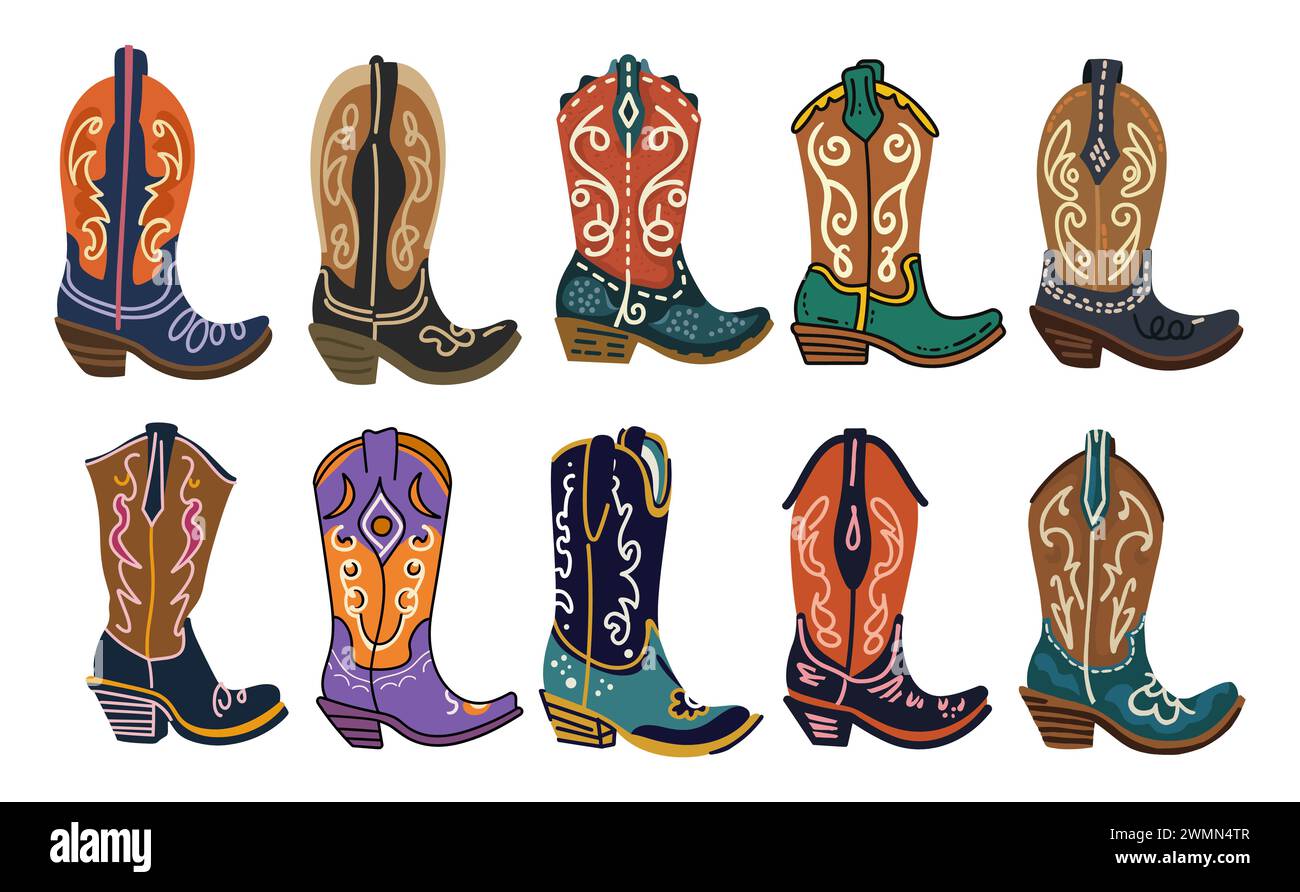 Various cowboy boots displayed on white background Stock Vector Image ...