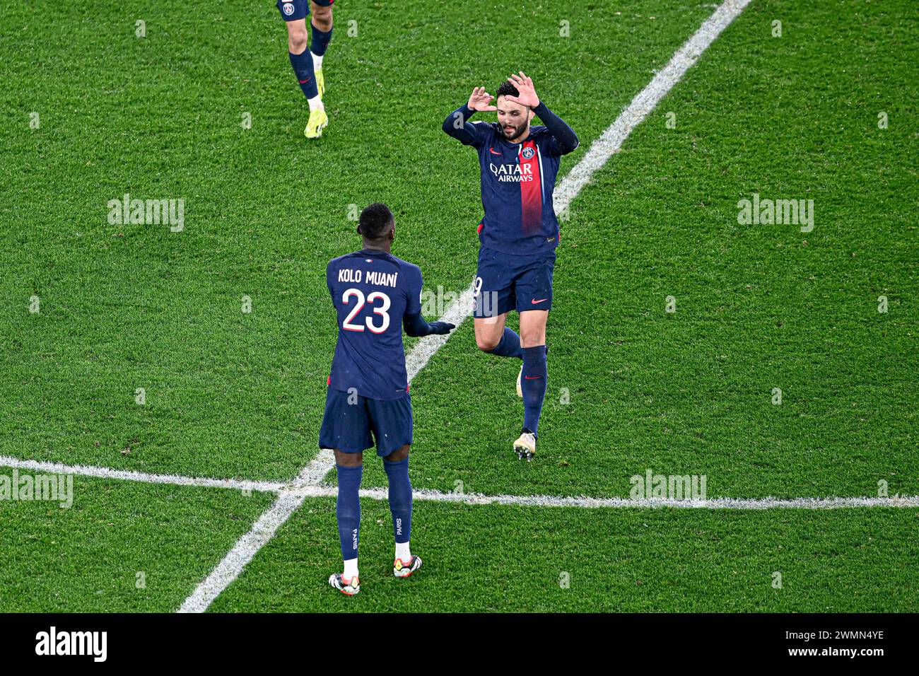 Paris, France. 25th Feb, 2024. Goncalo Ramos and Randal Kolo Muani during the Ligue 1 football ...