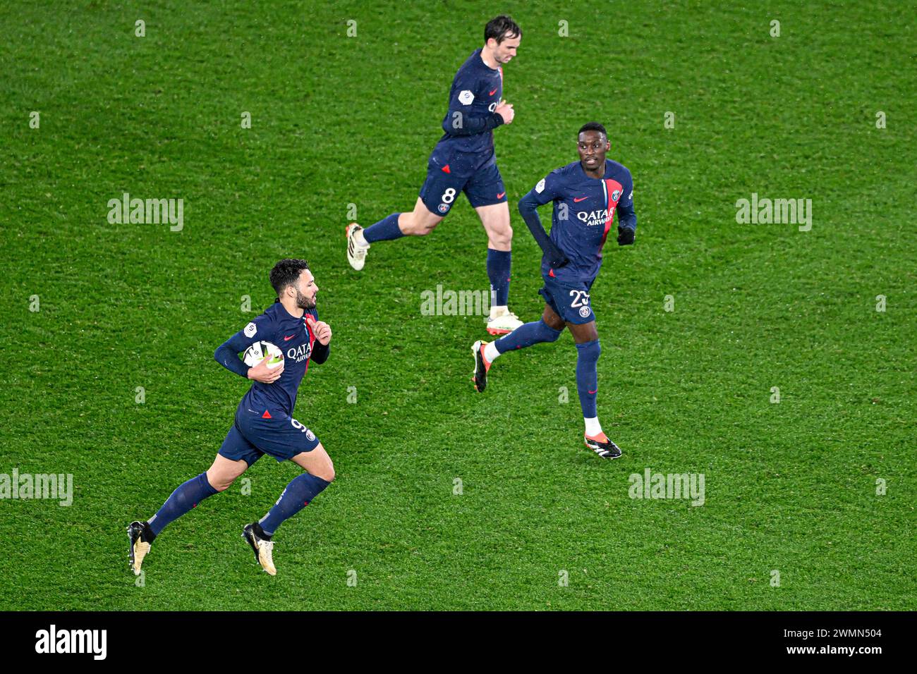 Paris, France. 25th Feb, 2024. Goncalo Ramos and Randal Kolo Muani during the Ligue 1 football ...