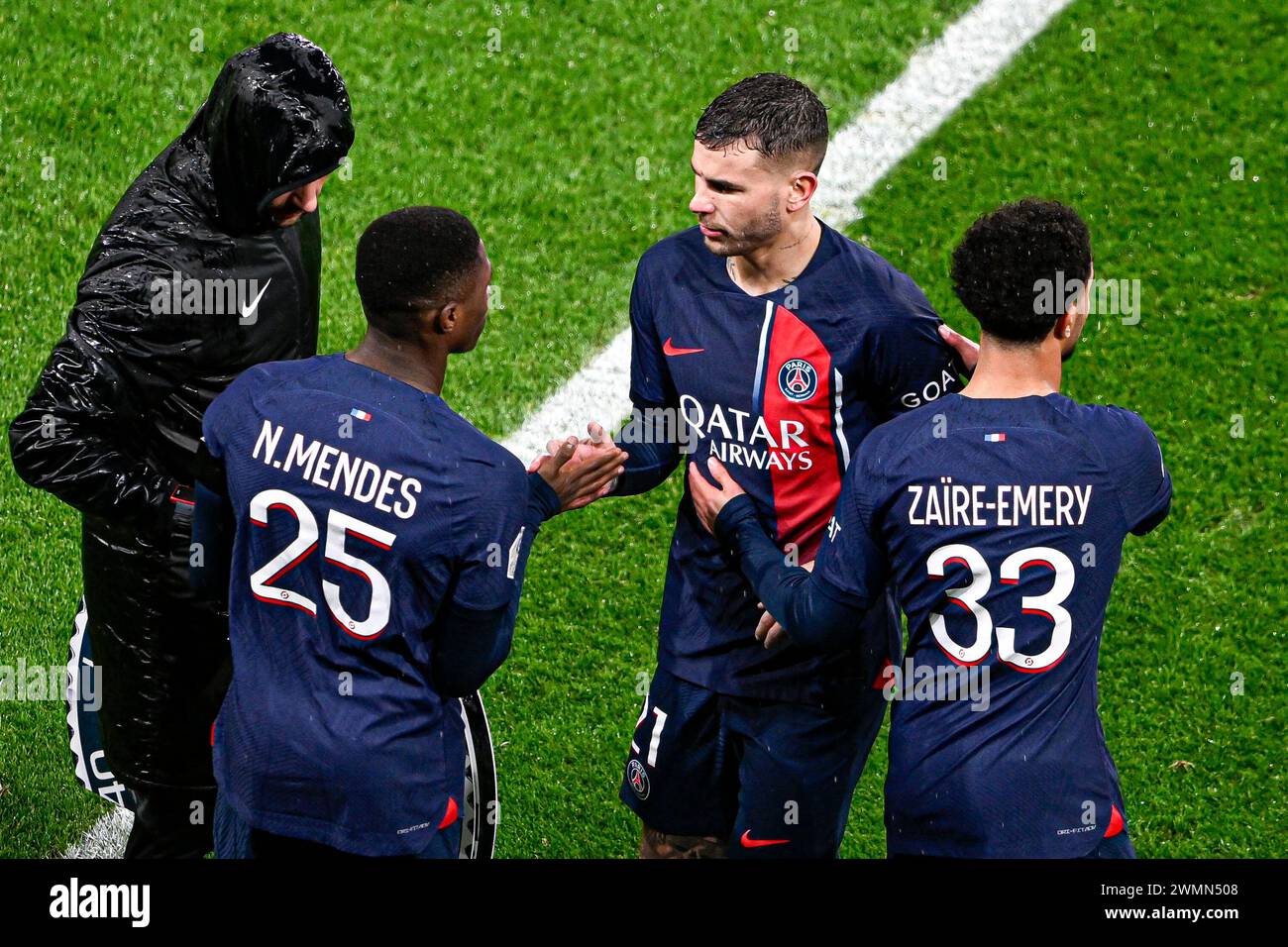 Paris, France. 25th Feb, 2024. Nuno Mendes Lucas Hernandez and Warren ...