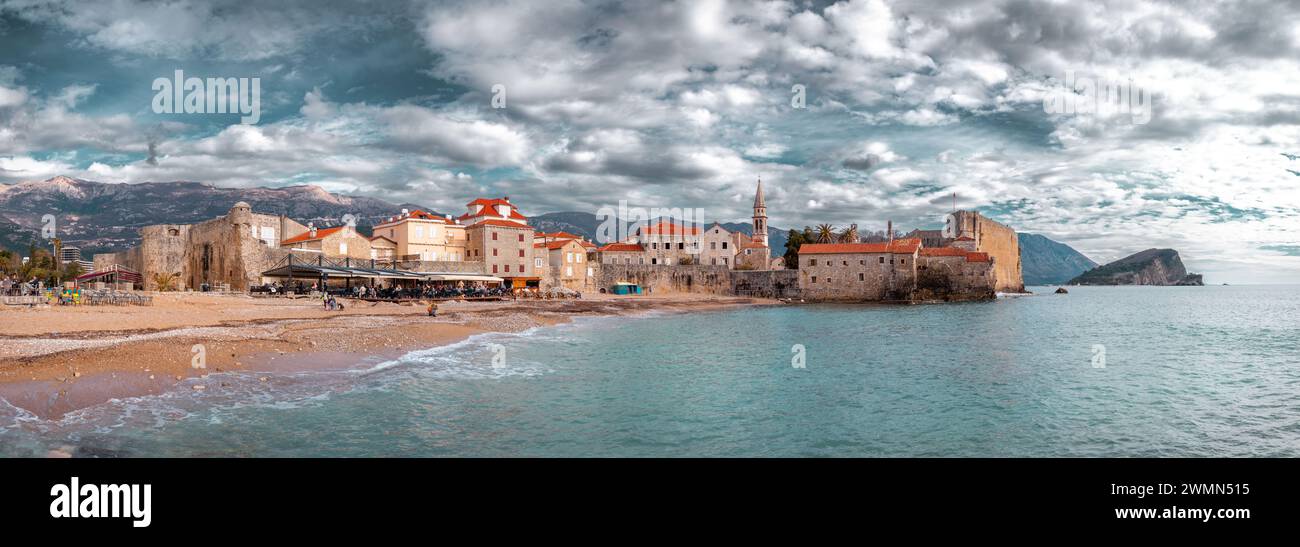 Budva, Montenegro - 13 FEB 2024: The old city walls of Budva along the ...