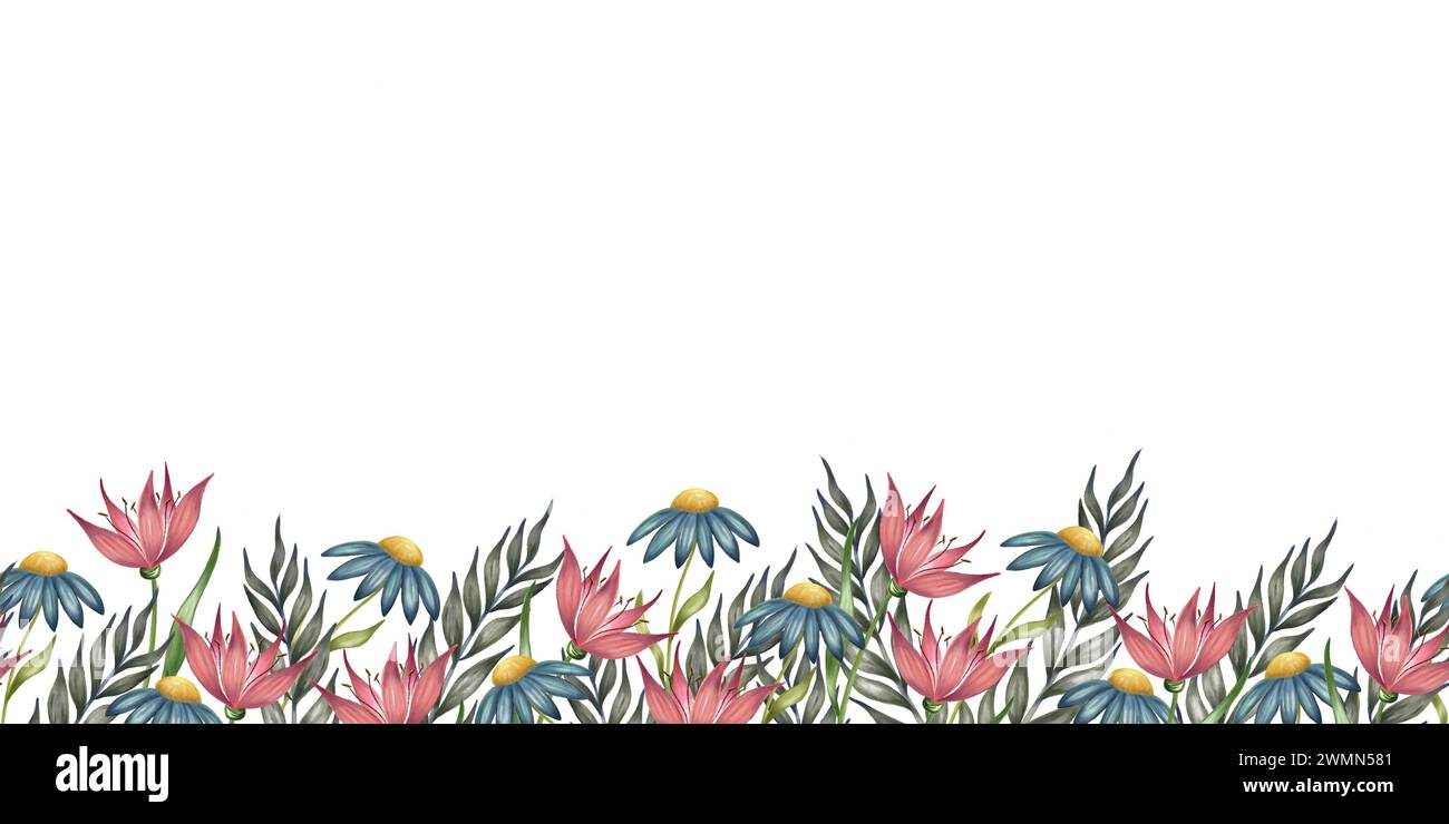 Abstract flowers seamless horizontal border blue green and pink colors ...