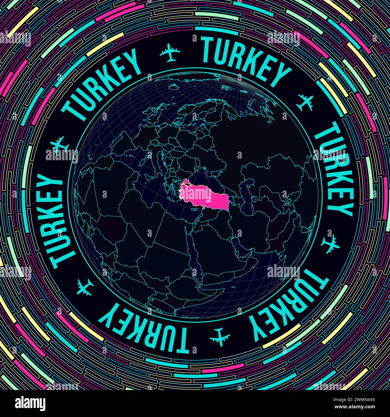 Turkey on globe. Satellite view of the world centered to Turkey. Bright neon style. Futuristic ...