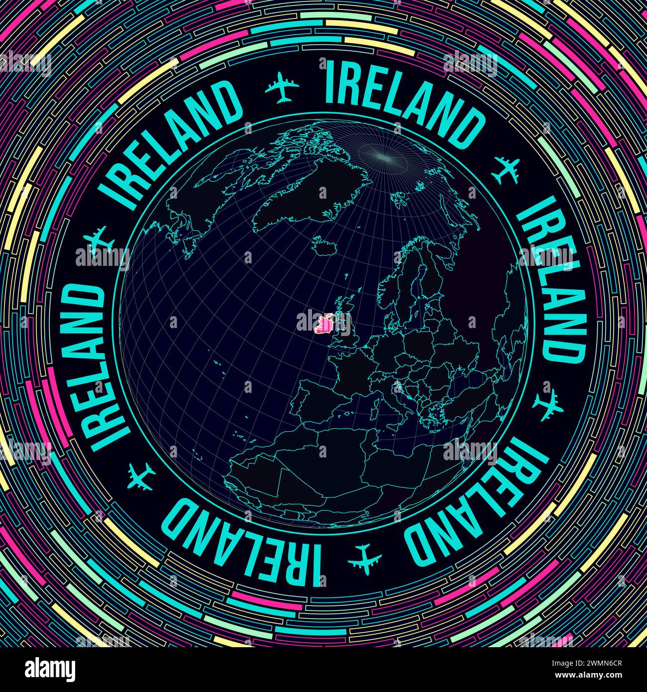 Ireland on globe. Satelite view of the world centered to Ireland ...
