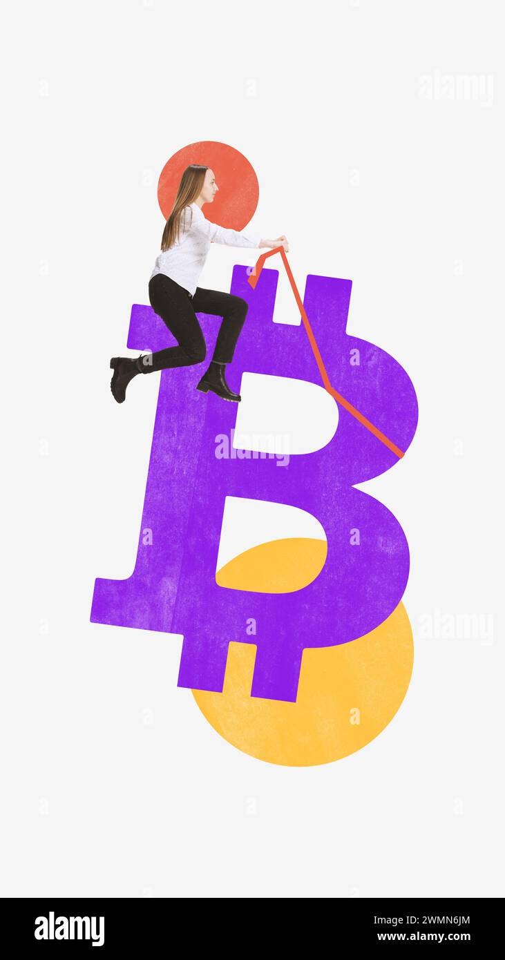 Contemporary art collage. Woman sitting on large currency sign and ...