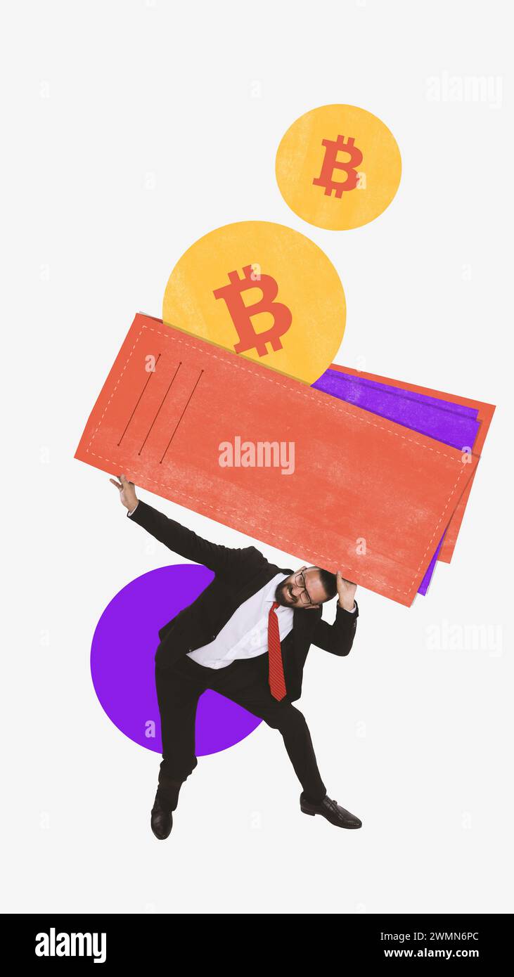 Modern aesthetic artwork. Businessman carrying huge wallet with golden ...