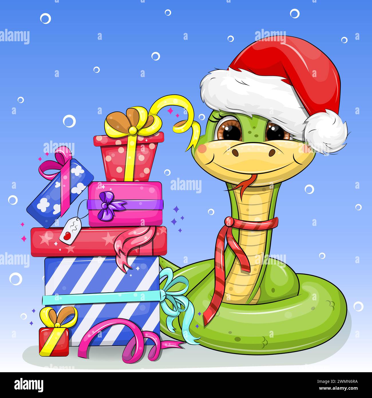 Cute cartoon green snake in Santa hat with gifts. Christmas vector ...
