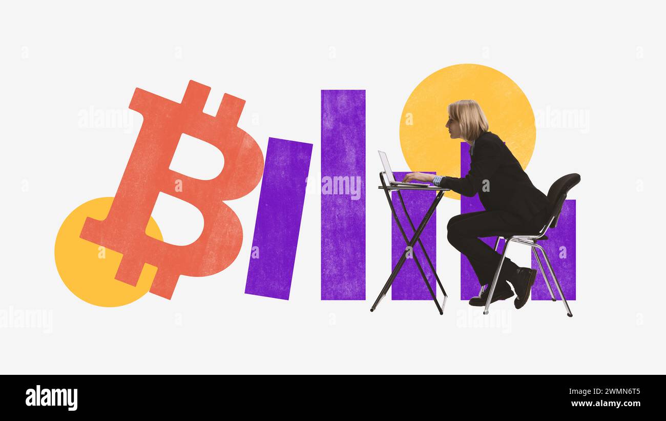Modern aesthetic artwork. Purple coin symbol falling on chart next to ...