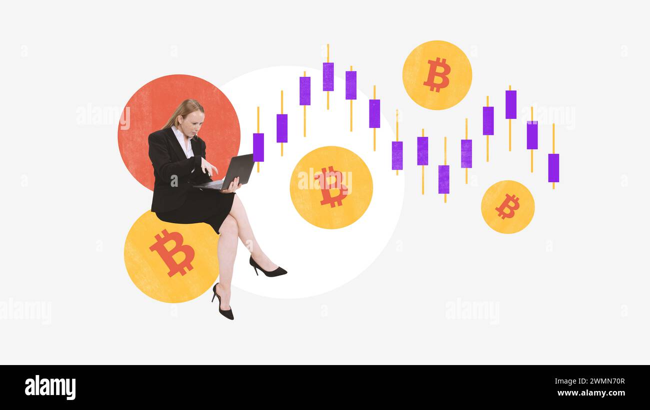 Modern aesthetic artwork. Young woman sitting on coin symbols and holds ...