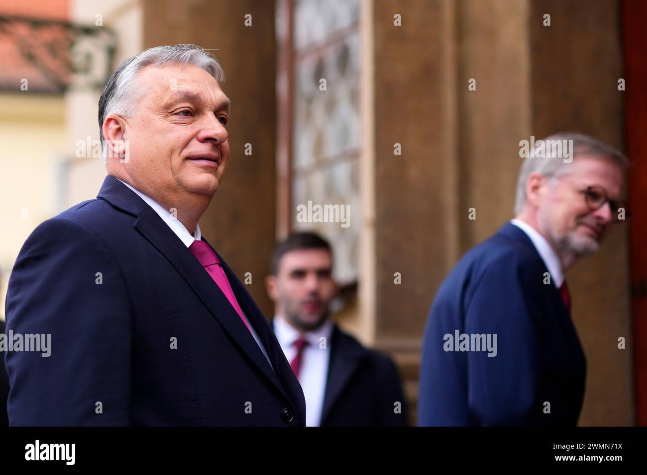 Czech Republic's Prime Minister Petr Fiala, right, welcomes Hungarian ...