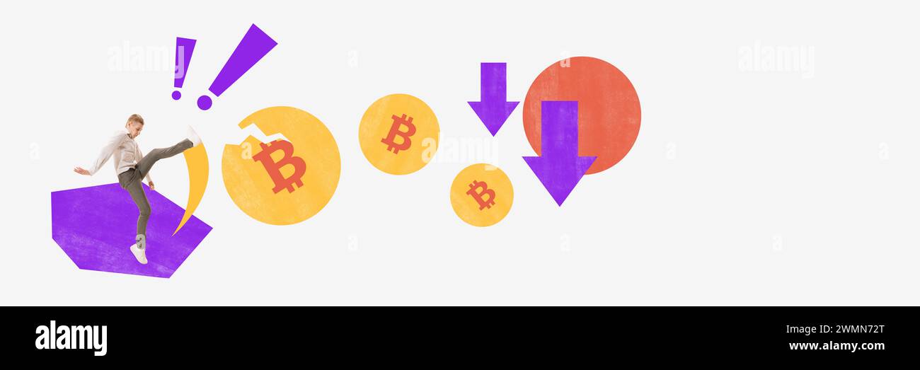 Banner. Modern aesthetic artwork. Angry man with exclamation marks ...