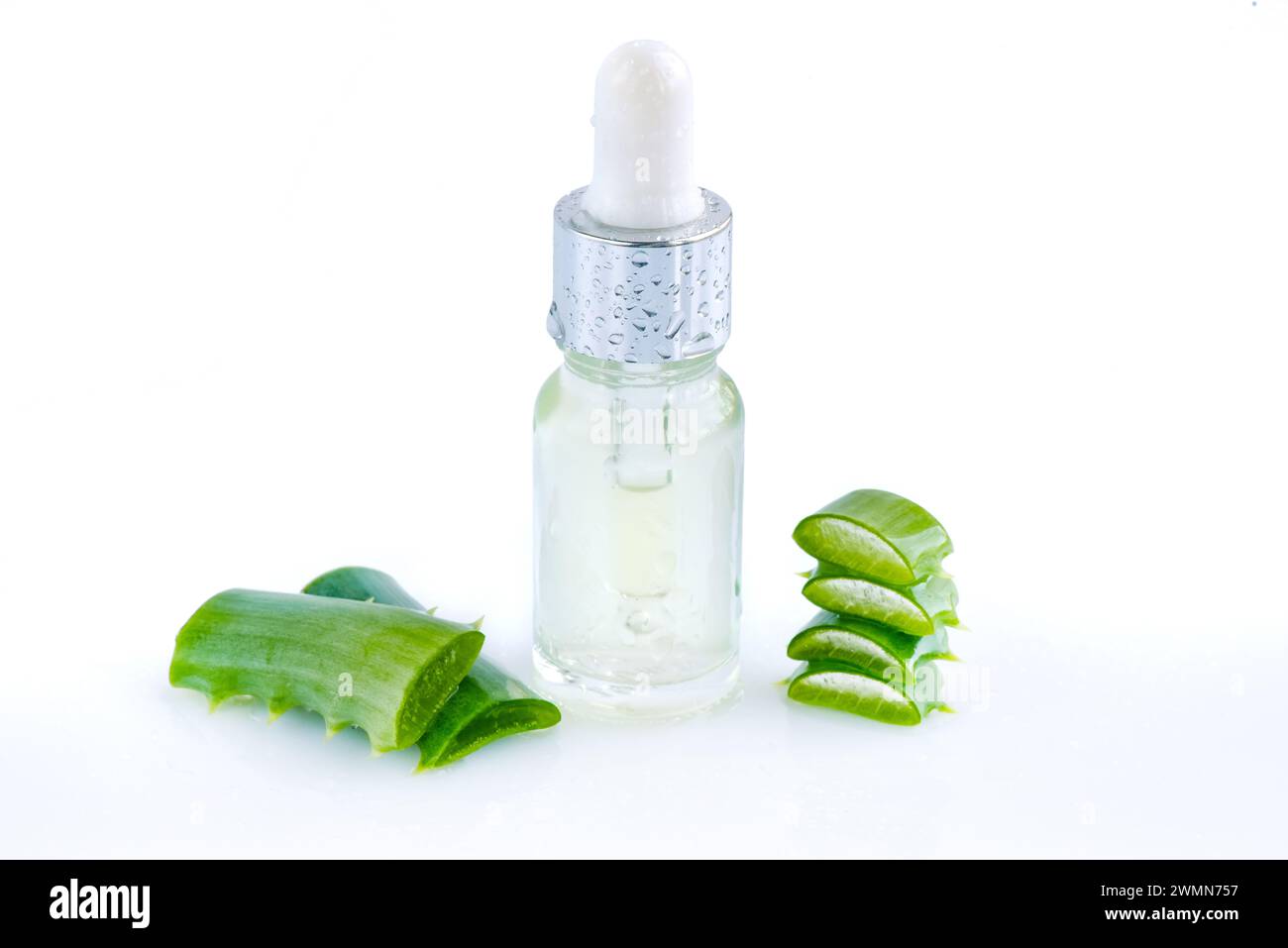 Cosmetic serum, gel with aloe vera extract in glass container with ...