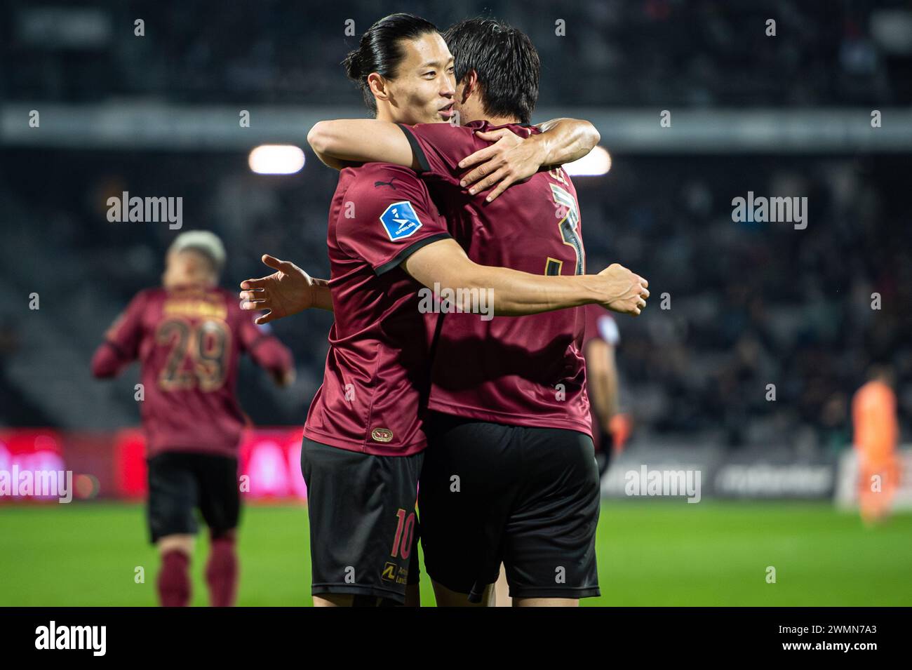 Aarhus, Denmark. 25th, February 2024. Han-Beom Lee (R) of FC Midtjylland scores for 1-2 and ...