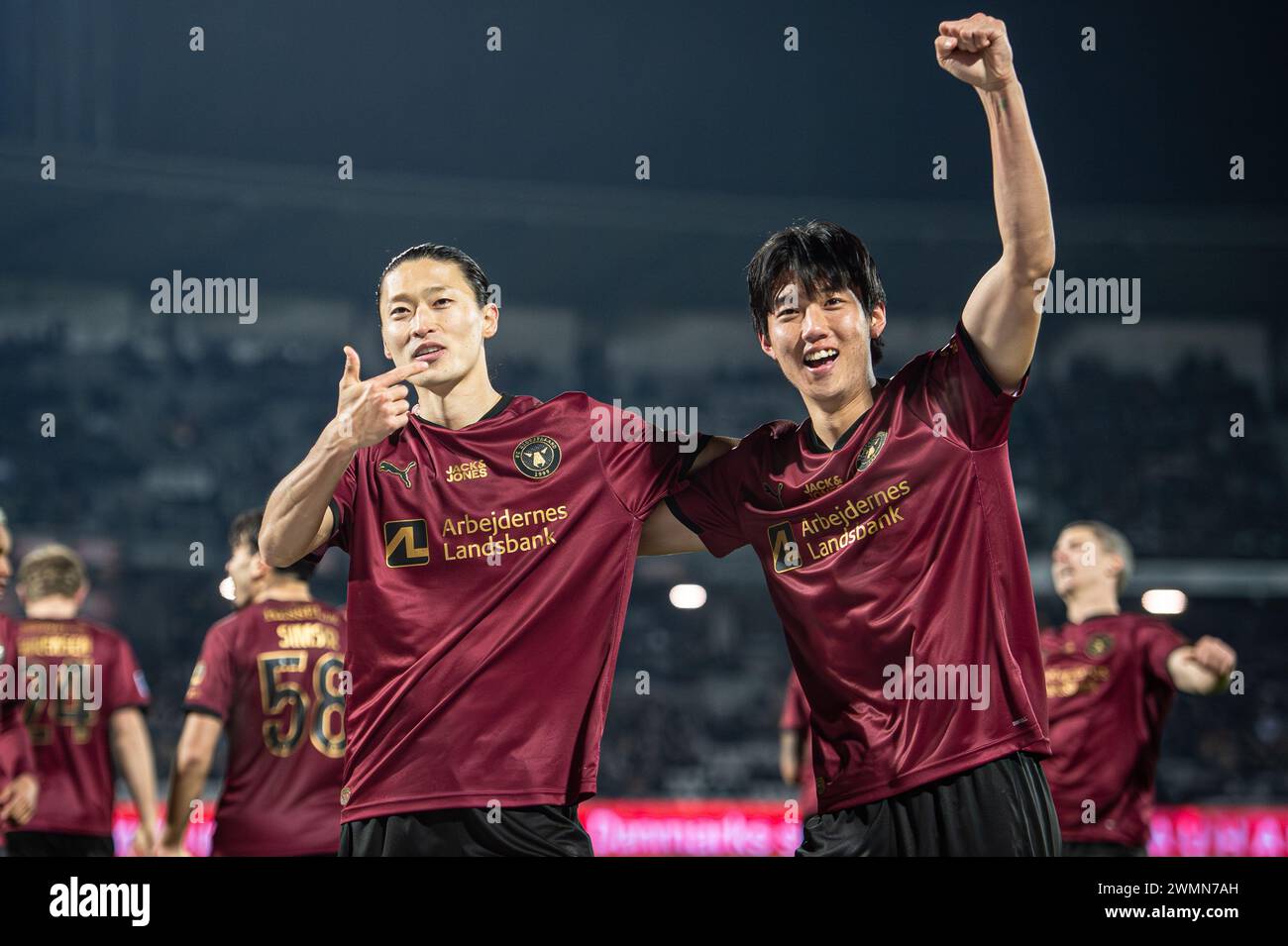 Aarhus, Denmark. 25th, February 2024. Han-Beom Lee (R) of FC Midtjylland scores for 1-2 and ...