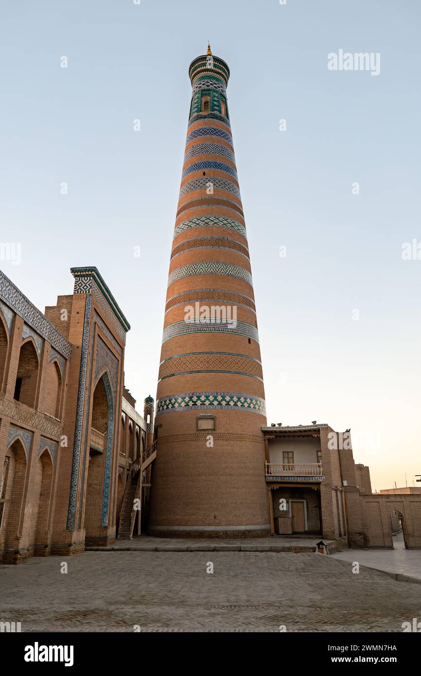 iconic Islam Khoja Minaret against blue sky in Ichan-Kala old city ...
